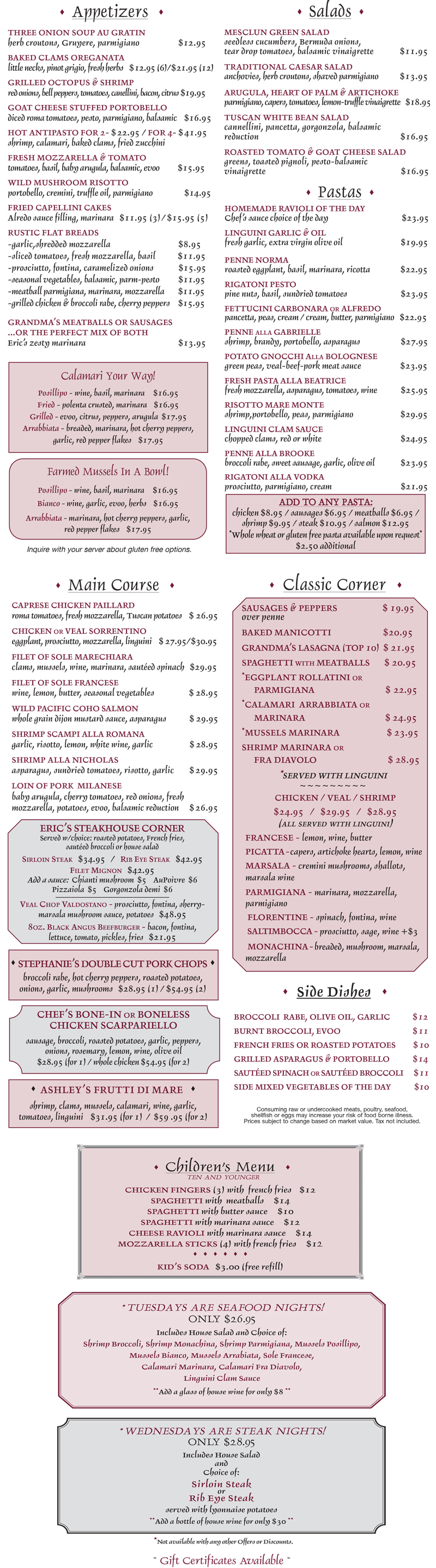 Dinner Menu – Eric's Italian Bistro – Modern & Italian Cuisine