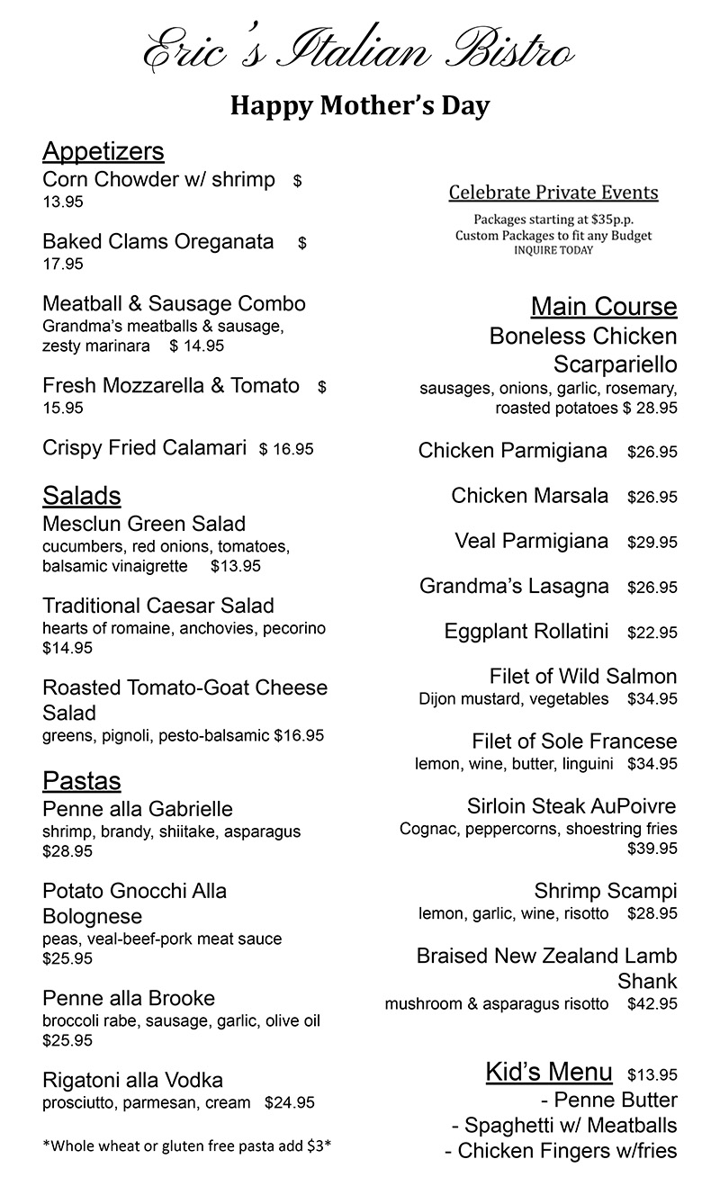 Mother's Day at Eric's Menu – Eric's Italian Bistro – Modern & Italian ...